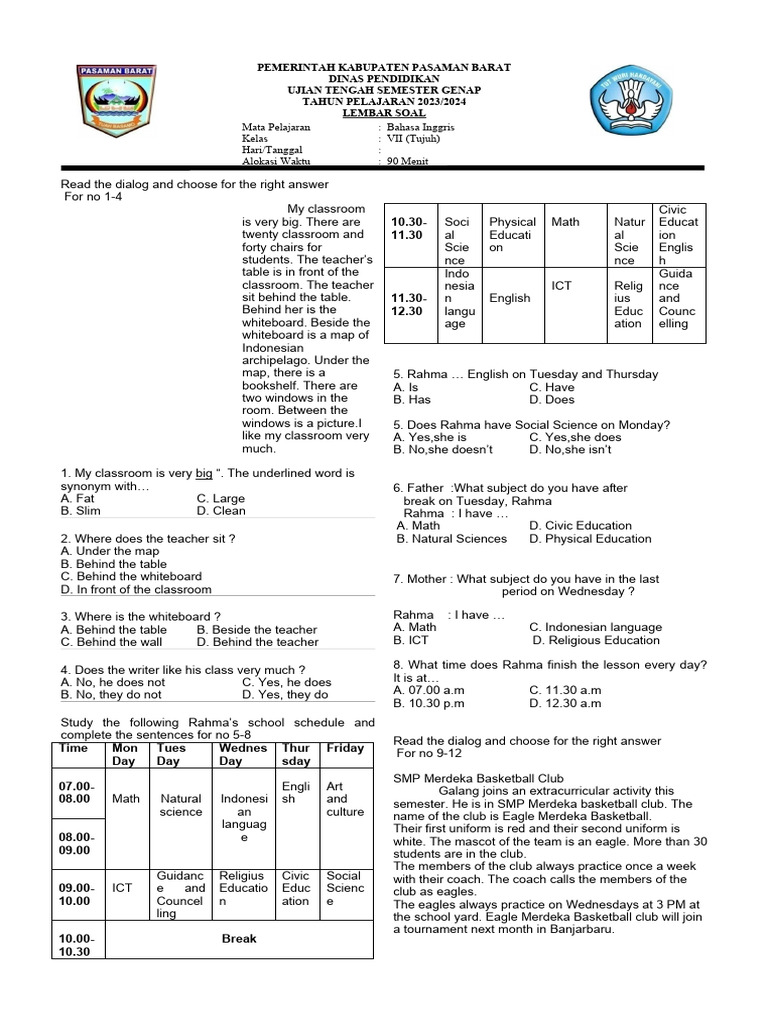 SOAL SMT II KLS 7 UTS B.Ing 2023-2024 | PDF