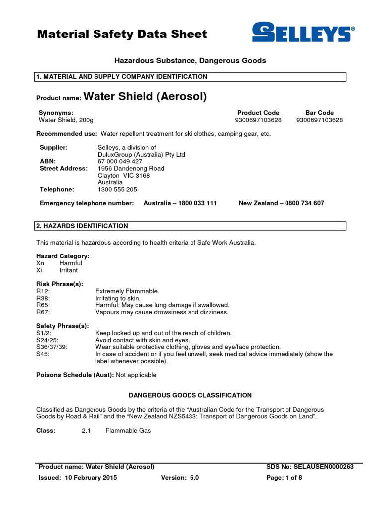 Selleys Water Shield Aerosol - Aus SDS | PDF | Dangerous Goods | Chemistry