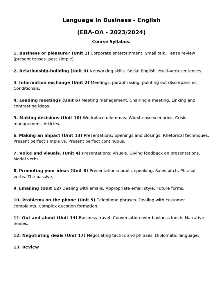 OA Syllabus 2024: Language in Business | PDF
