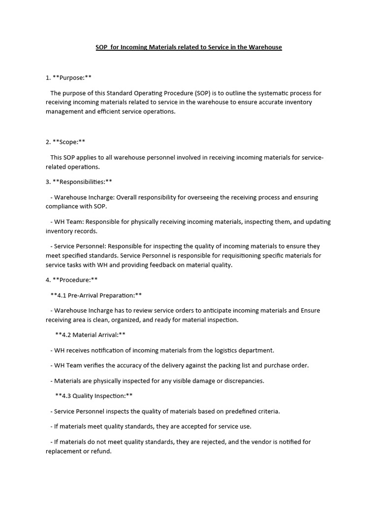 Warehouse SOP for Incoming Materials | PDF | Warehouse | Safety