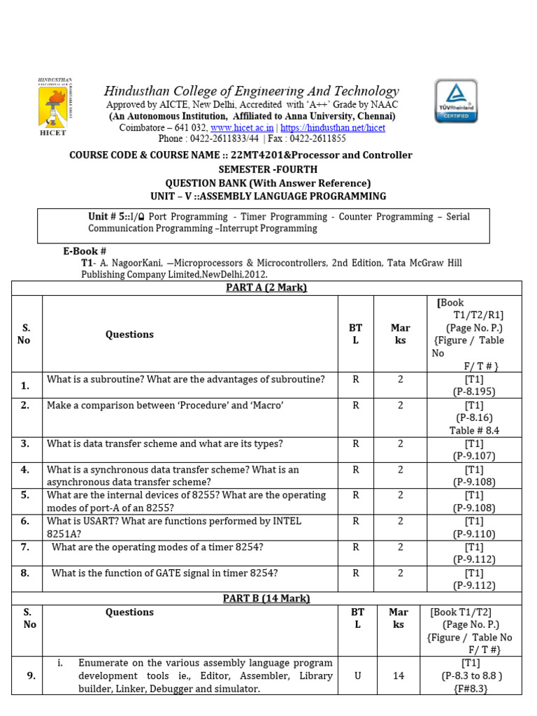 QB - Unit 5 - 22MT4201 # Processor and Controller | PDF | Electrical Engineering | Classes Of ...