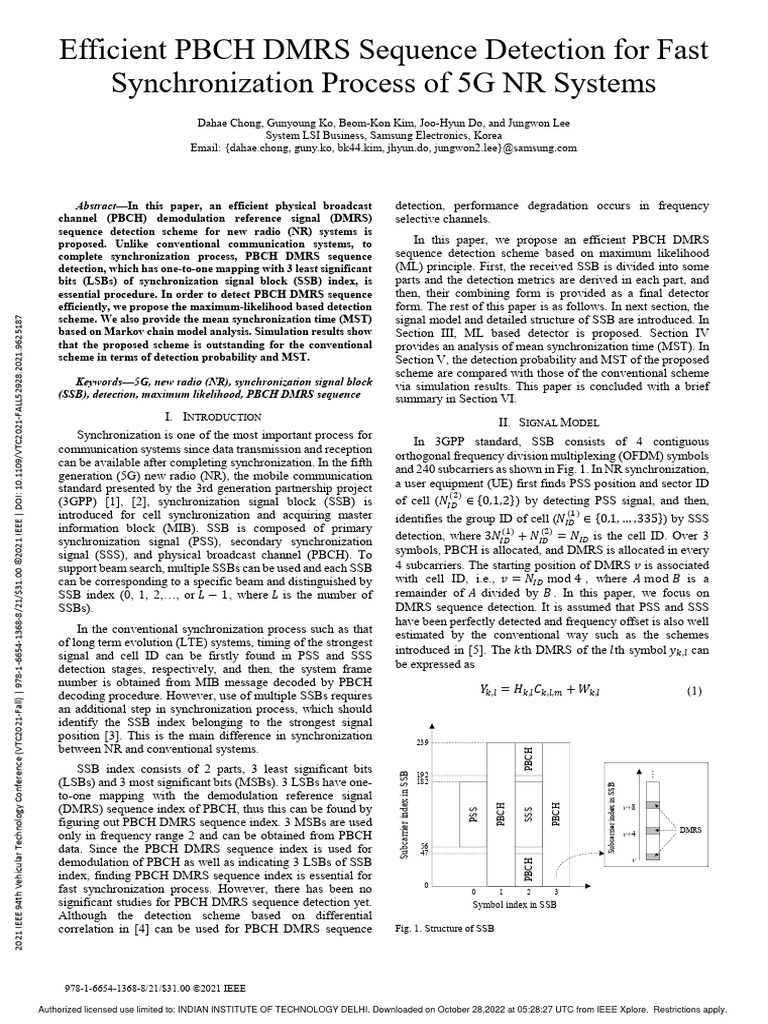 Efficient PBCH DMRS Sequence Detection For Fast Synchronization Process of 5G NR Systems ...
