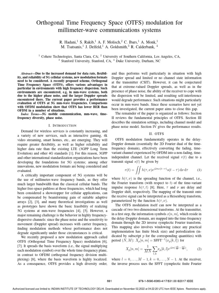 Orthogonal Time Frequency Space Otfs Modulation For Millimeter Wave Communications Systems