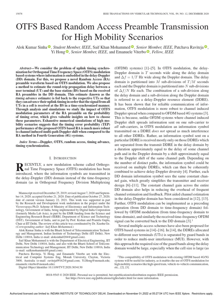 OTFS Based Random Access Preamble Transmission For High Mobility ... OTFS Based Random Access Preamble Transmission For High Mobility ...