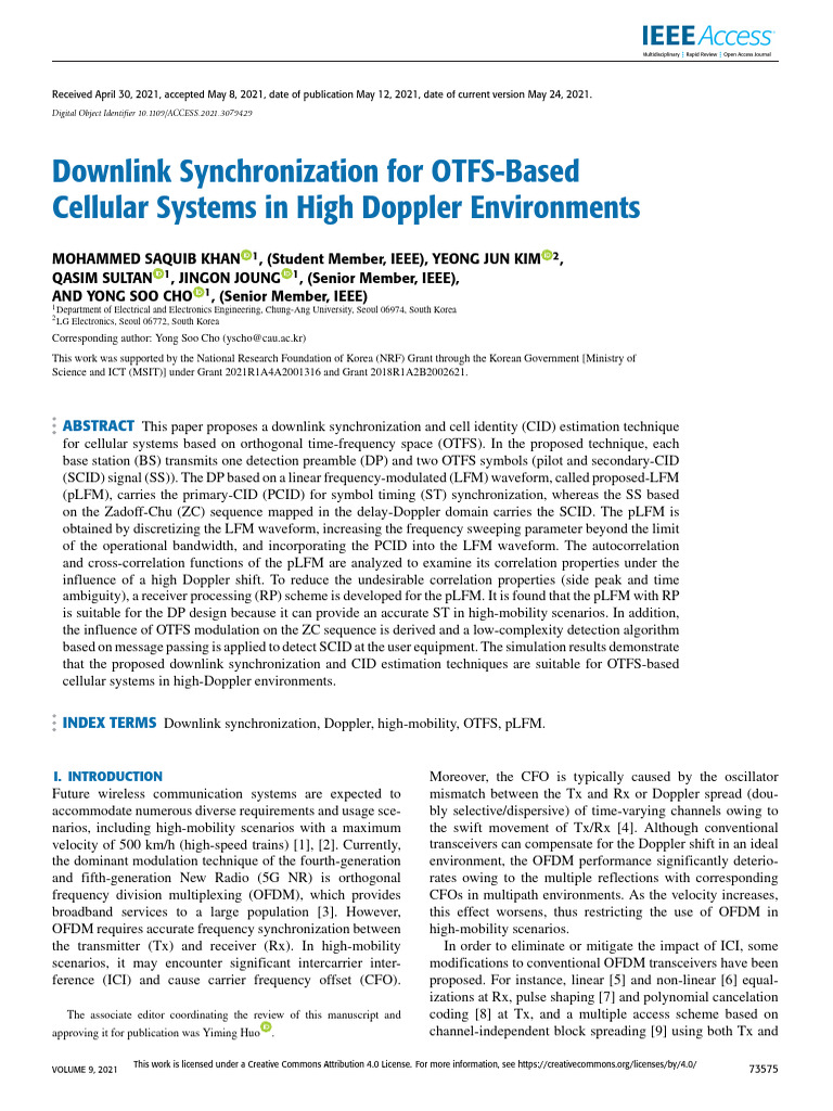 Downlink Synchronization For OTFS-Based Cellular Systems in High Doppler Environments | PDF ...