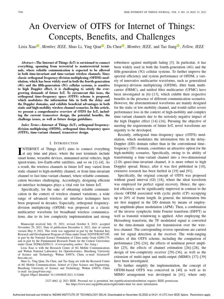 An Overview of OTFS For Internet of Things Concepts Benefits and Challenges | PDF | Orthogonal ...