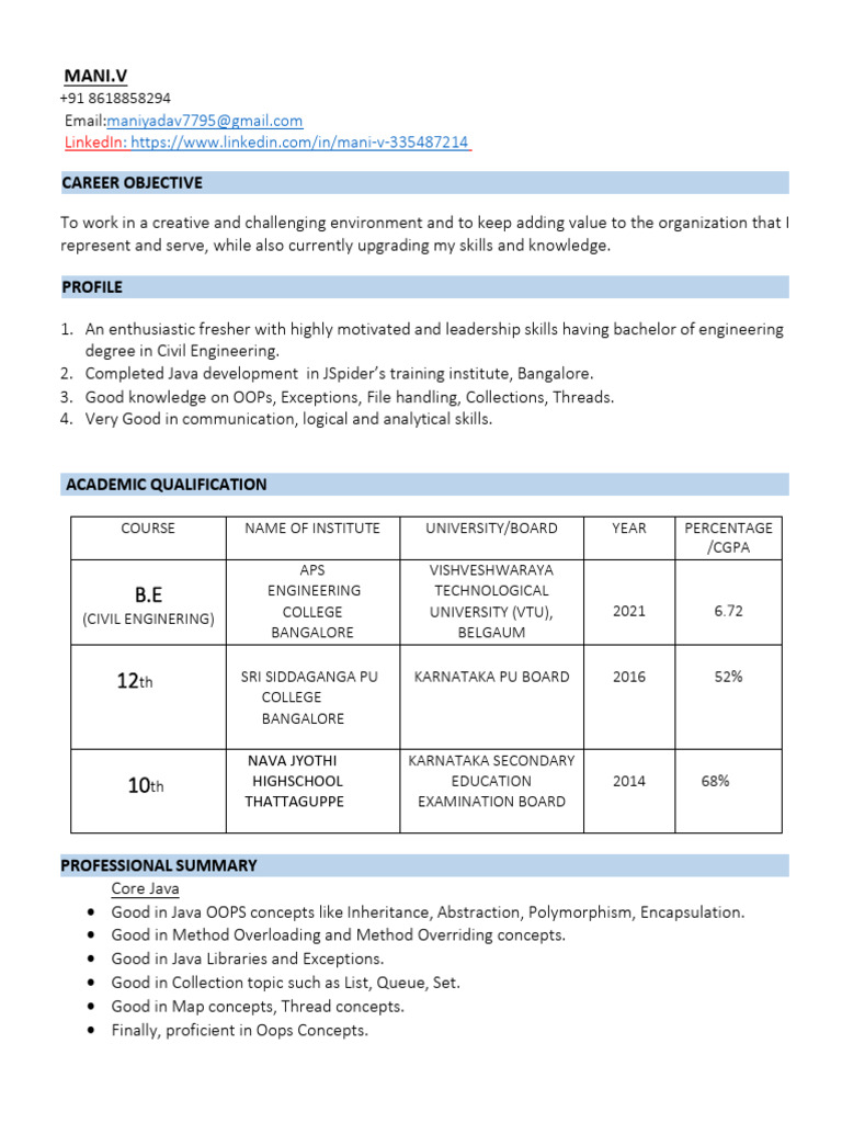 Mani Resume | Download Free PDF | Java (Programming Language) | Computer Science