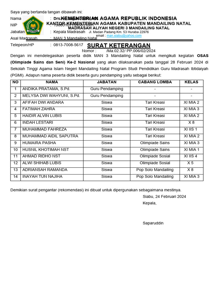 Surat Rekomendasi Siswa Lomba | PDF