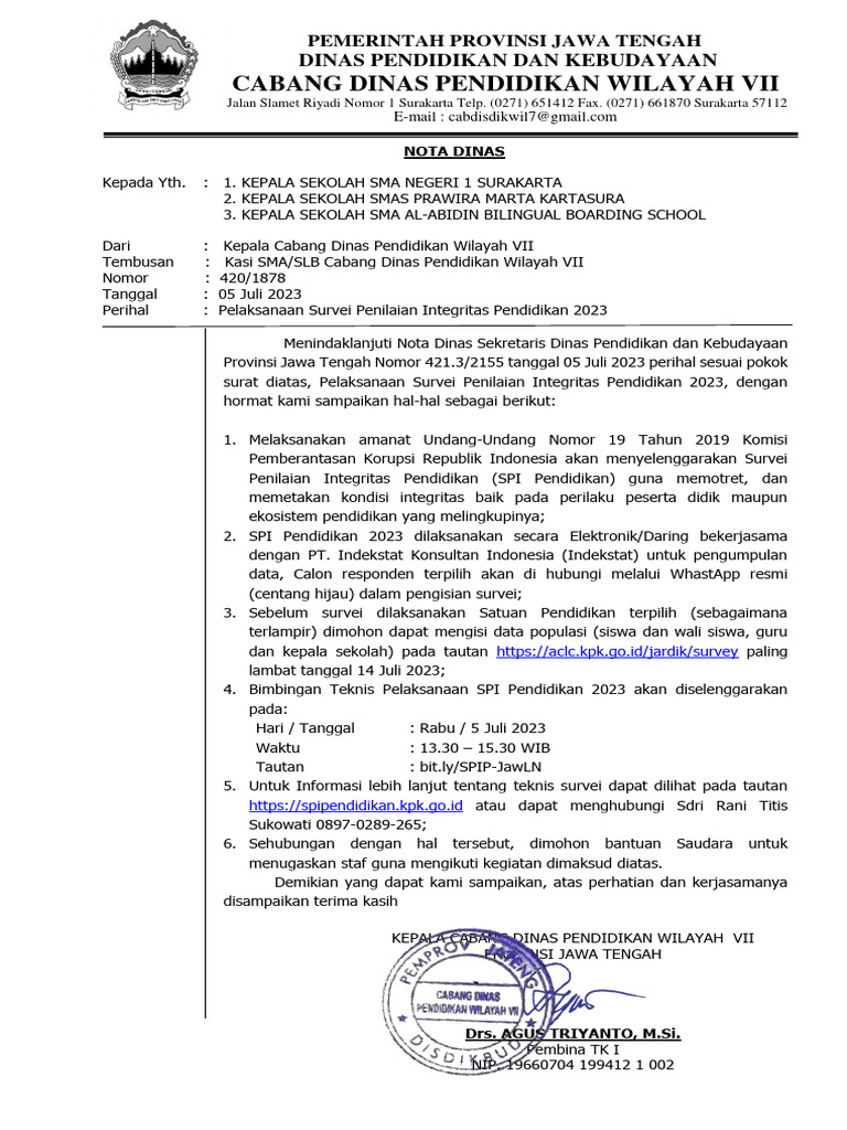 NODIN Pelaksanaan Survei Penilaian Integritas Pendidikan 2023 | PDF