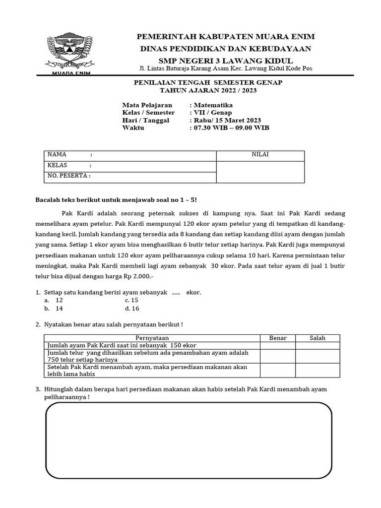 Soal PTS Kelas 7 Genap 2023 | PDF