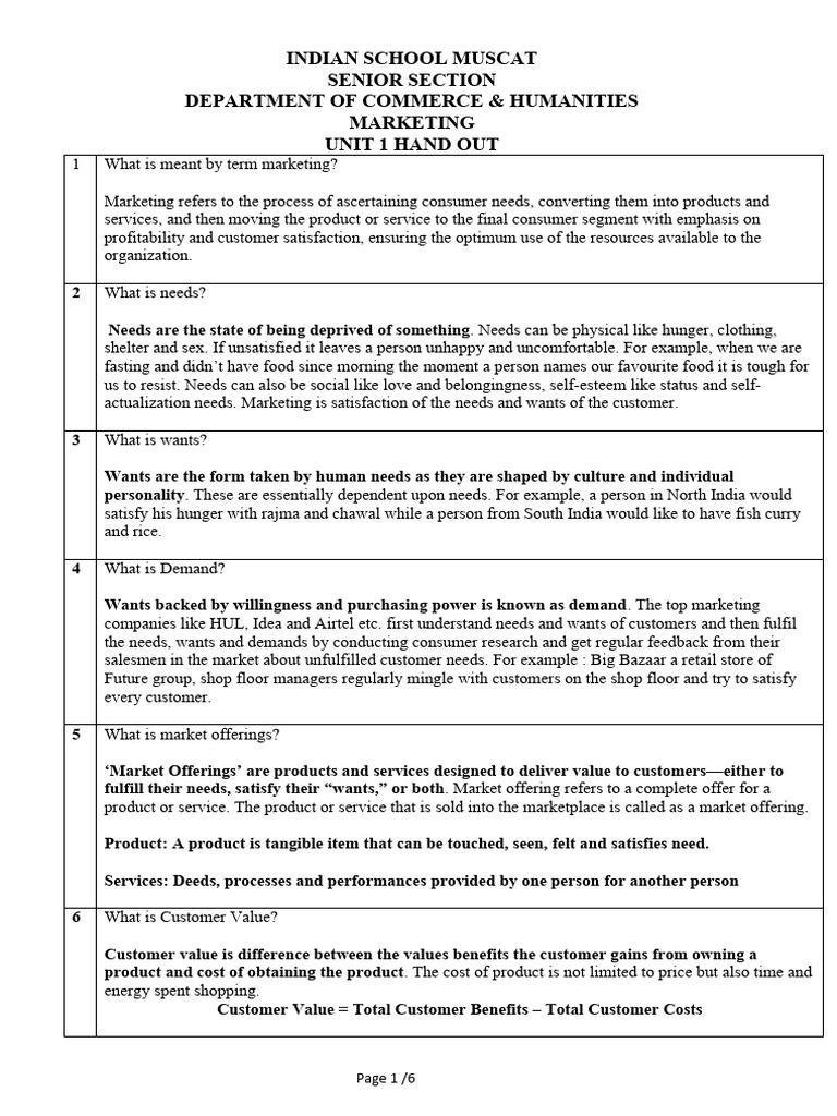 Introduction To Marketing Hand Out | PDF | Marketing | Customer