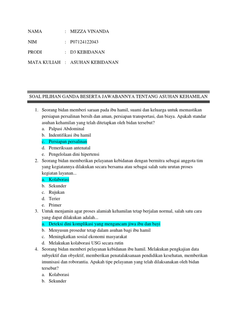 Mezza Vinanda - P07124122043 - Askeb - Contoh 10 Soal | PDF
