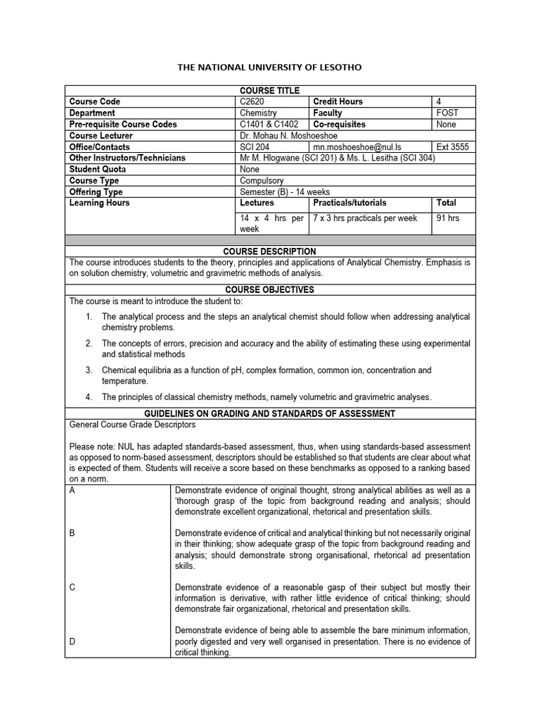 c2620 2020-2021 Course Outline Che Format | PDF | Chemistry | Titration