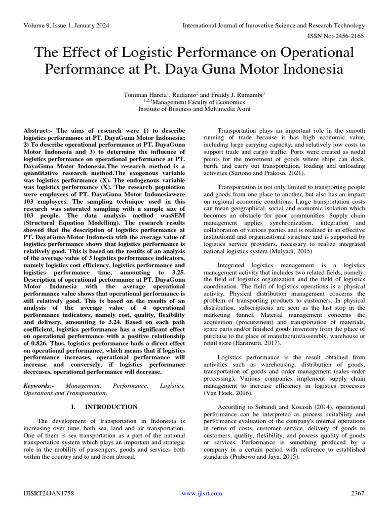 The Effect of Logistic Performance On Operational Performance at Pt. Daya Guna Motor Indonesia ...