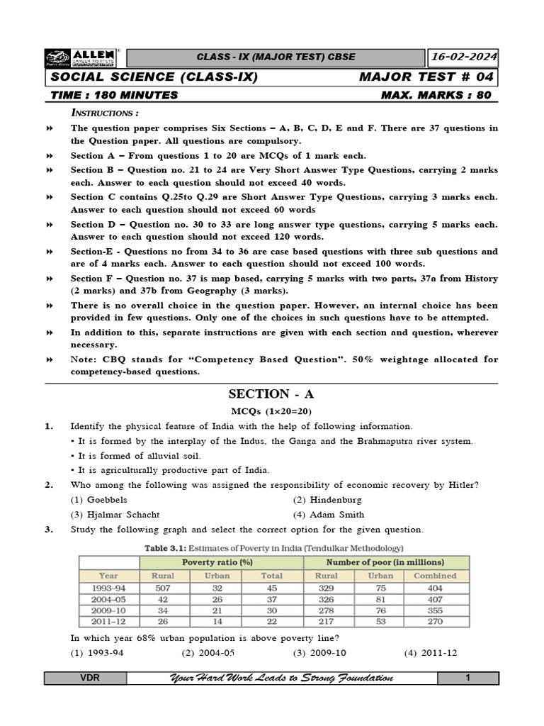 Major-04 - SST - Class 9 - 16-02-2024 (CBSE) | PDF | Asia | Europe