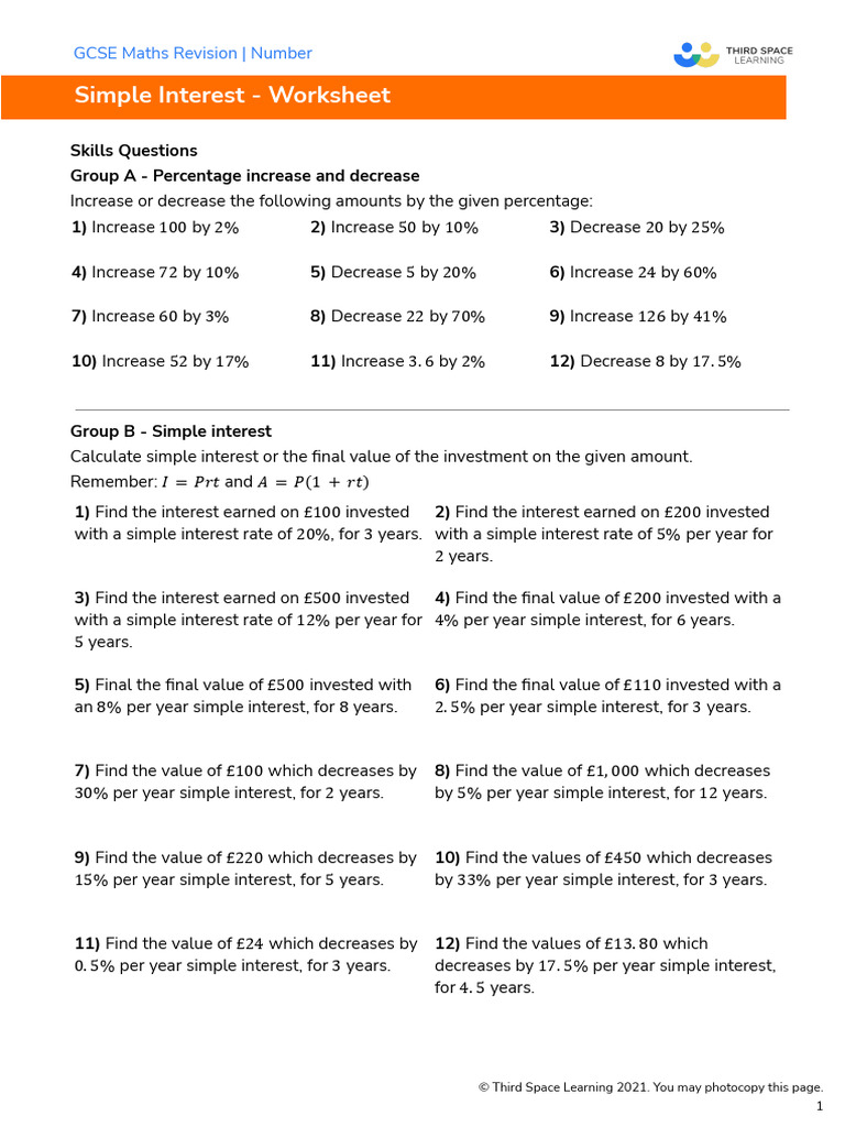 Third Space Learning Simple Interest GCSE Worksheet | PDF | Interest ...
