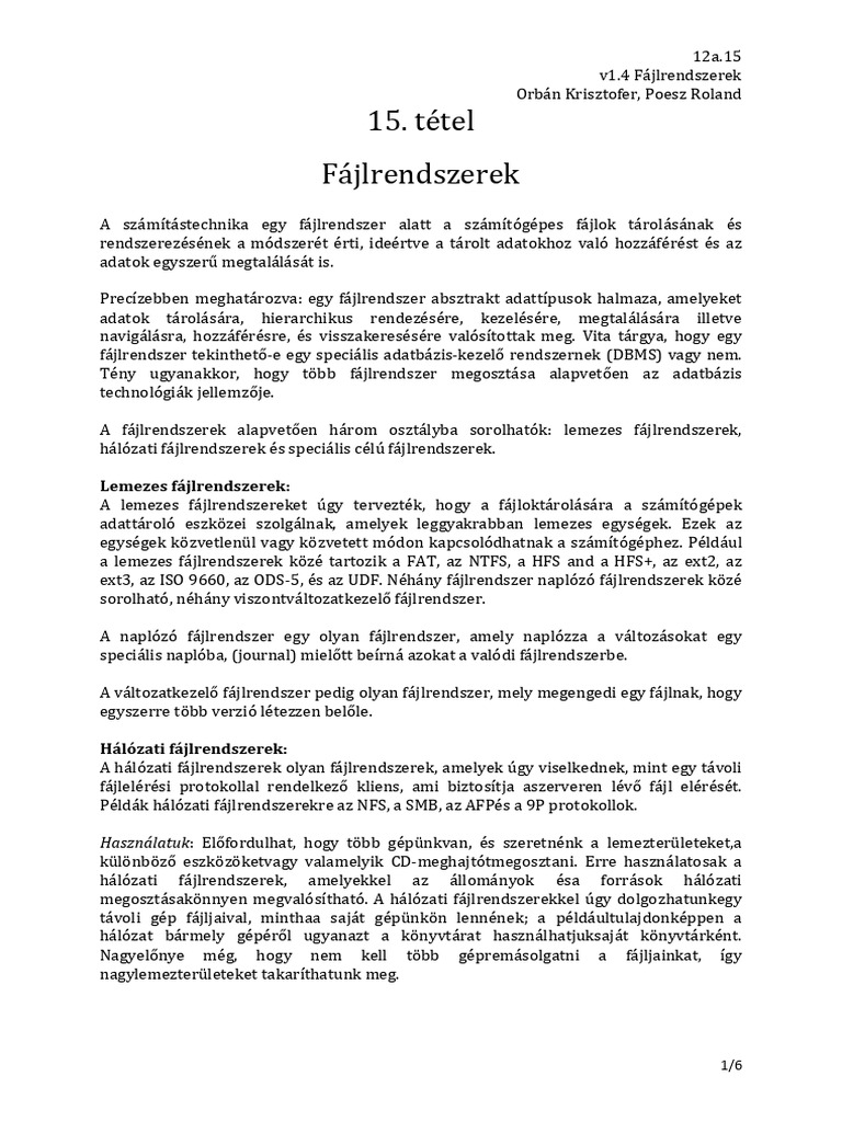 Tétel Fájlrendszerek | PDF