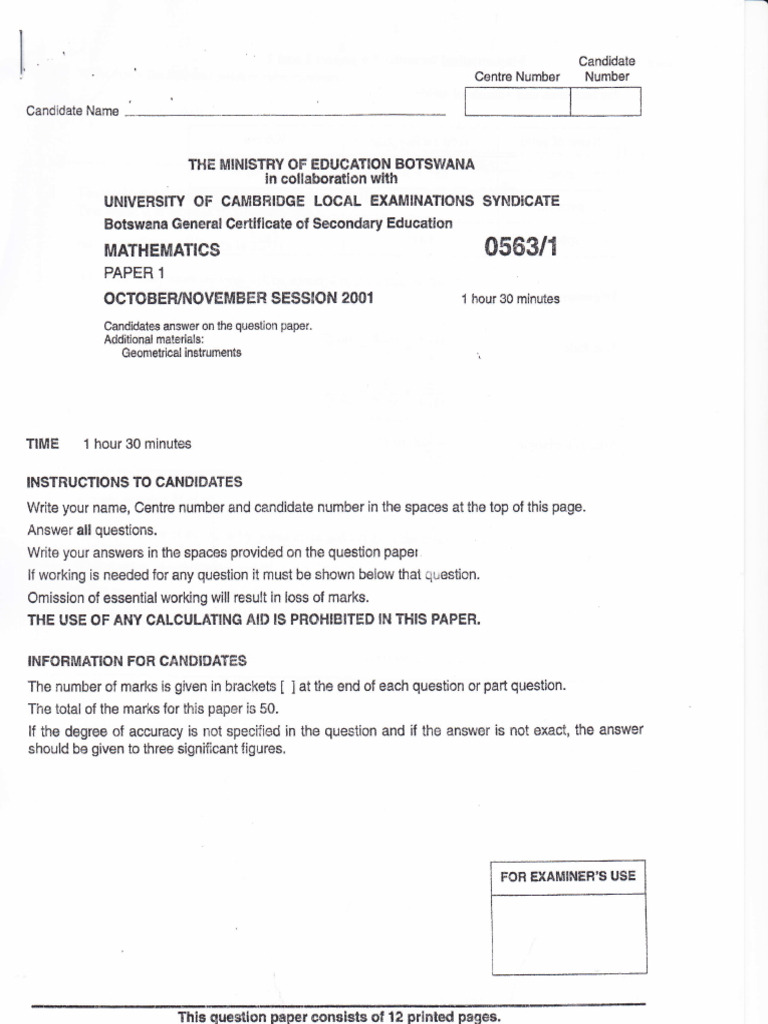 Botswana 2001 BGCSE Mathematics Paper 1 | PDF | Area | Geometry