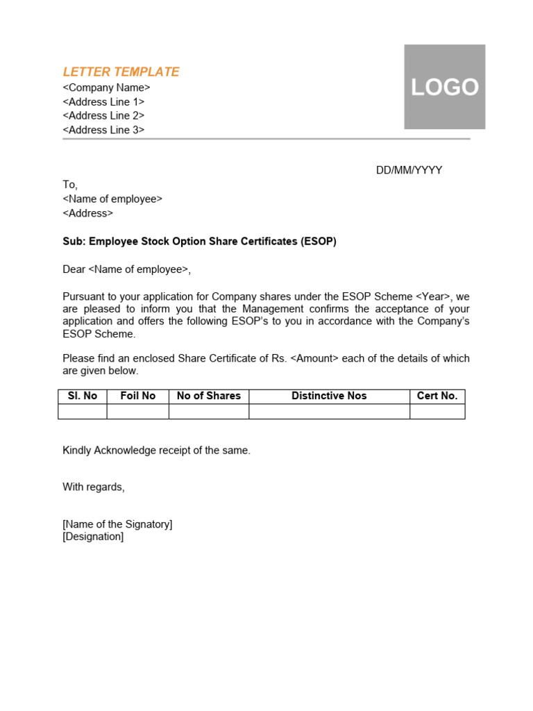 Esop Letter and Mail Template | PDF | Finance & Money Management