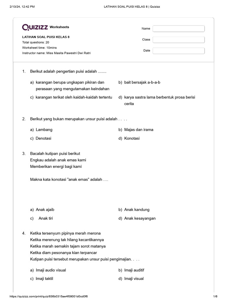 LATIHAN SOAL PUISI KELAS 8 - Quizizz | PDF