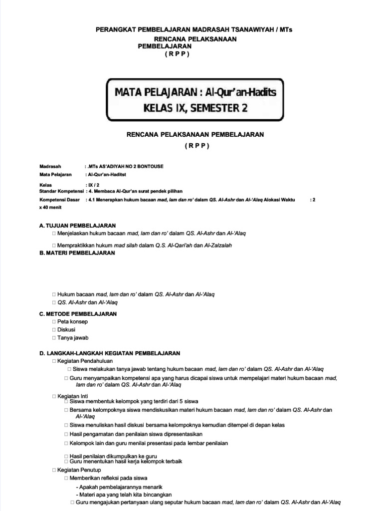 PDF RPP Qurdis Kelas 9 Semester 2 - Compress | PDF