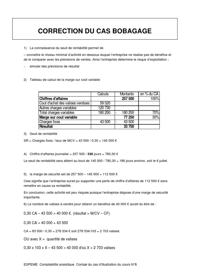 Compta Ana Cours 6 Cas 1 6 1 Cas BOBAGAGE Corrigé | PDF | Affaires