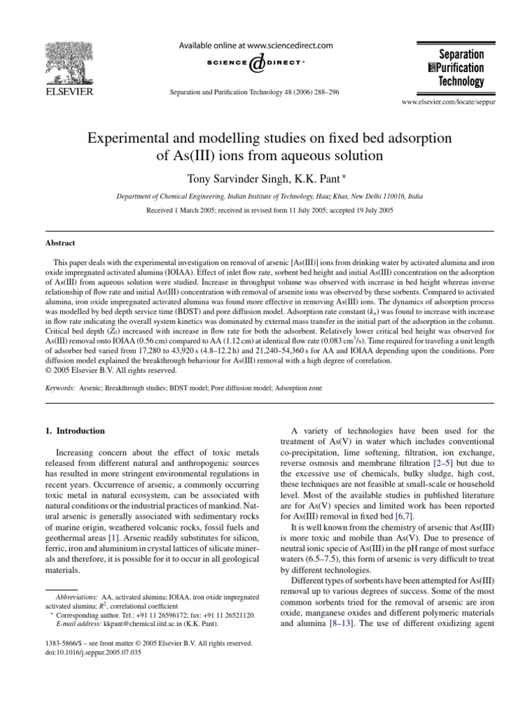 Study On Modelling Fixed Bed Adsorption of As (III) Ions From Aqueous Solution | PDF ...