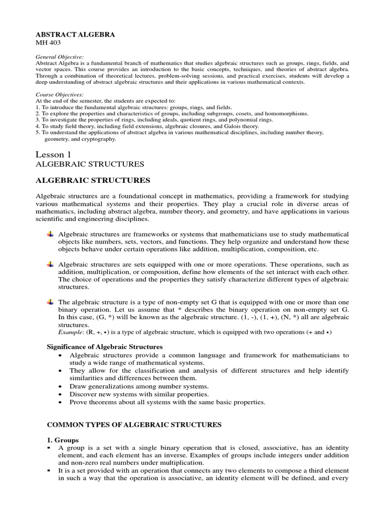 Lesson 1 Algebraic Structures | PDF | Field (Mathematics) | Group (Mathematics)