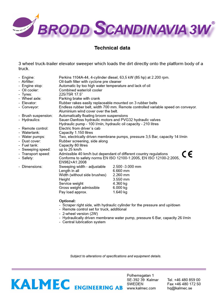 BRODD SCANDINAVIA 3W Technical Data ME Kalmec | PDF | Truck | Elevator