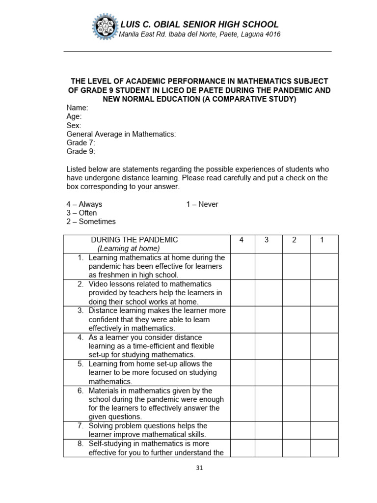 PR1 Questionnaire Last | Download Free PDF | Learning | Mathematics