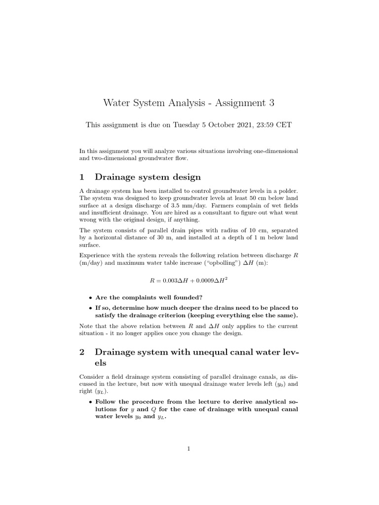 Water System Analysis TU Delft - Assignment3 | PDF | Groundwater | Drainage