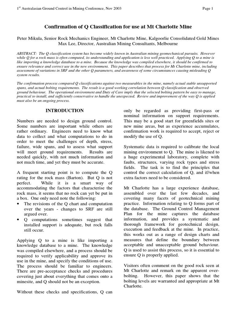 Confirmation of Q Classification | PDF | Stress (Mechanics) | Mining