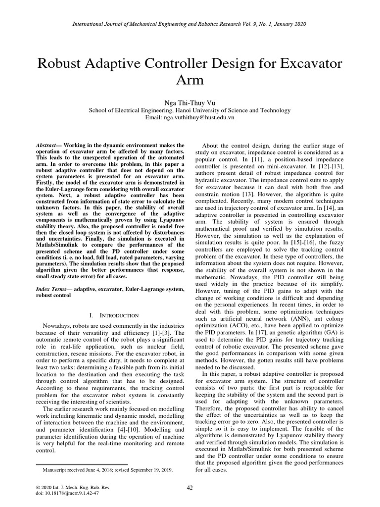 Robust Adaptive Controller Design For Excavator Arm: Nga Thi-Thuy Vu | PDF | Control Theory ...