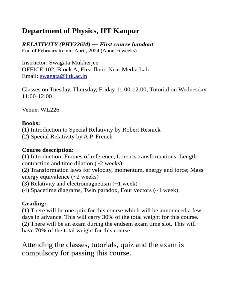 Department of Physics, IIT Kanpur: RELATIVITY (PHY226M) - First Course Handout | PDF