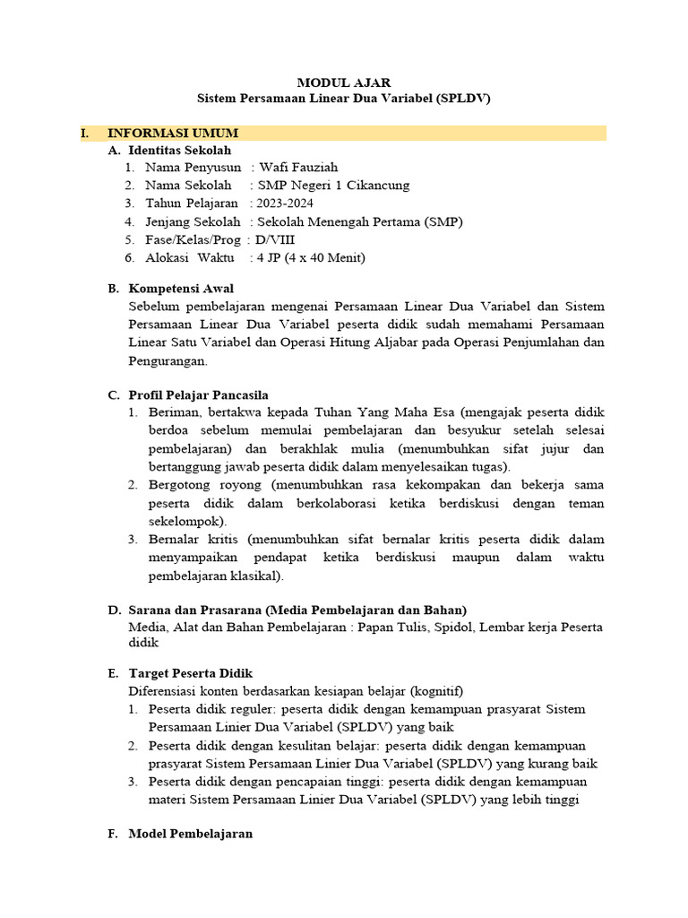 Modul Ajar SPLDV | PDF | Karier & Perkembangan