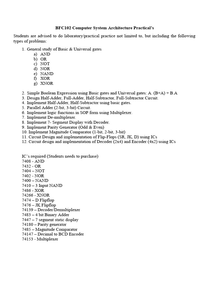 BFC102 Computer System Architecture Practicals List | PDF