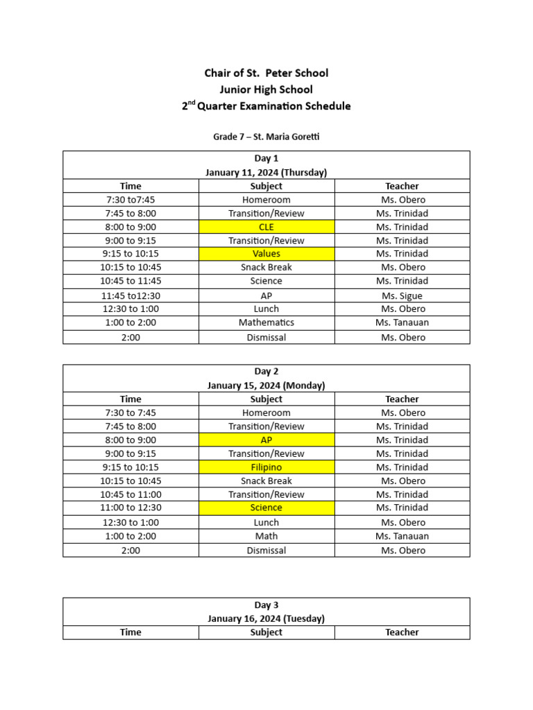 JHS 2nd QT Schedule | PDF | Middle Schools | Secondary Education