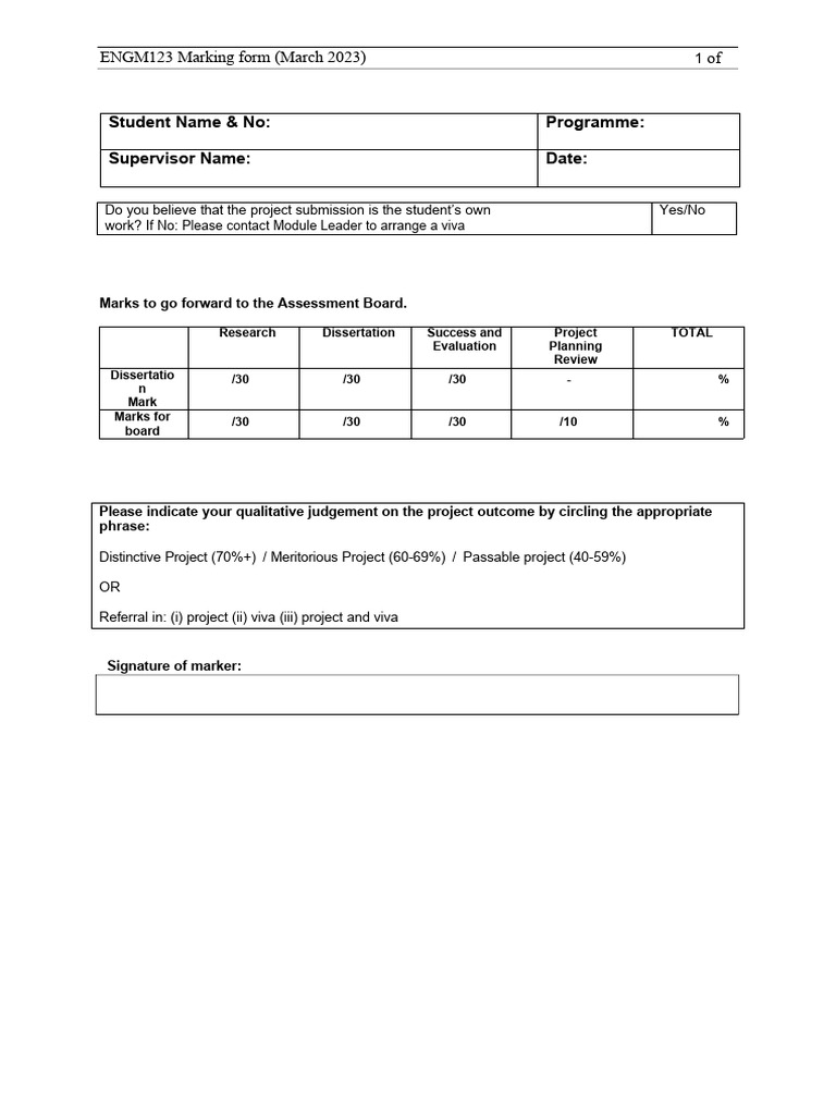 ENGM123 Marking Blank 02052023 | PDF | Thesis | Evaluation