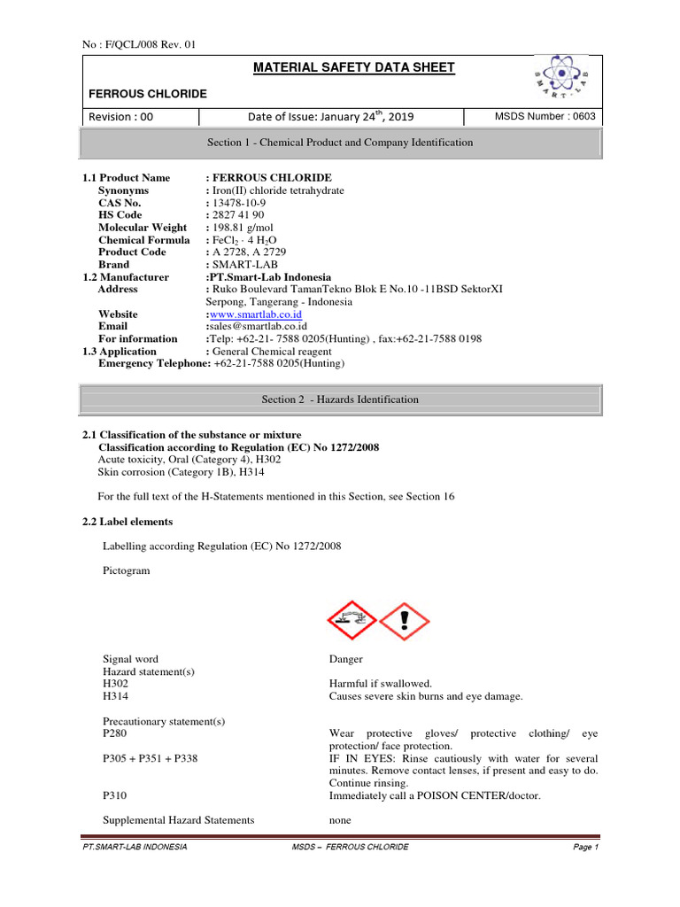MSDS Ferrous Chloride | PDF | Chemical Substances | Working Conditions