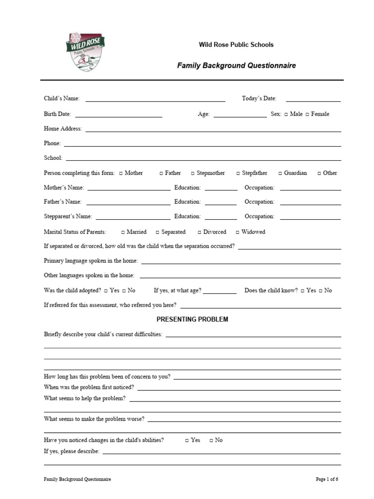 Family Background Questionnaire Form | PDF | Stepfamily | Anxiety