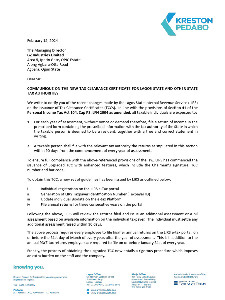 TCC Processing Letter To clients-GZI | PDF | Taxes | United States Law