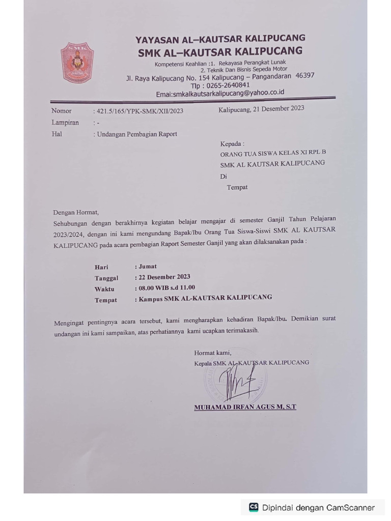 Undangan Pembagian Rapot Kelas XI RPL B | PDF