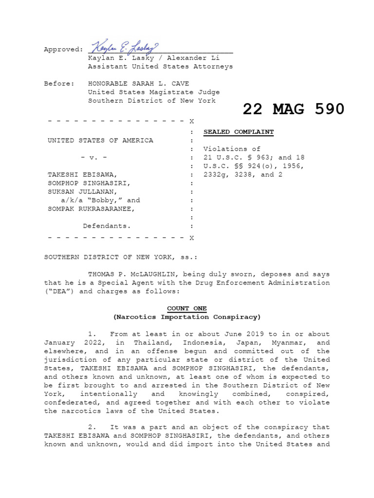 Us V Takeshi Ebisawa Et Al. Complaint | PDF | Illegal Drug Trade | Drug Enforcement Administration