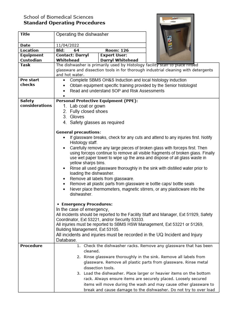 SOP Operating The Dishwasher | PDF | Dishwasher | Manufactured Goods