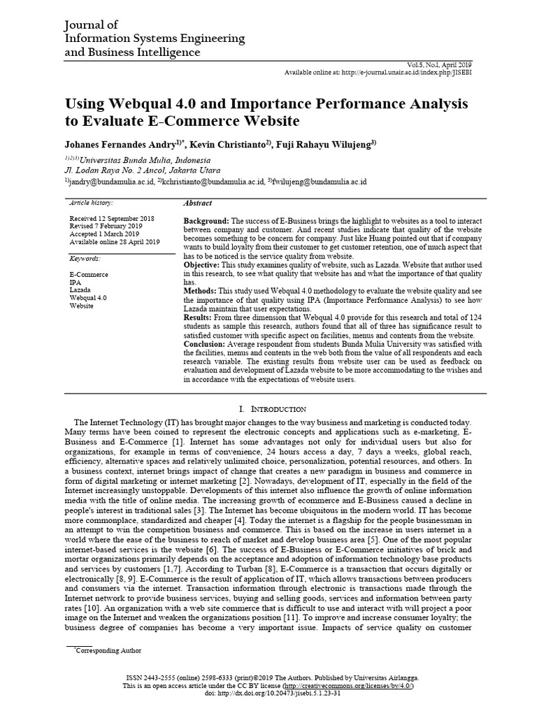 Using Webqual 4 0 And Importance Performance Analysis To Evaluate E Commerce Website Pdf
