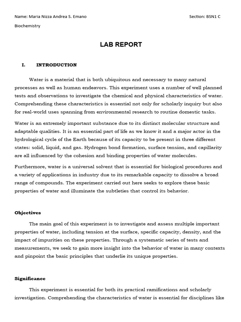 Laboratory Report Biochemistry | PDF | Water | Experiment
