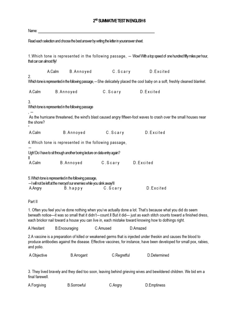 English 6 Summative Test: Tone & Purpose | PDF | Foreign Language Studies