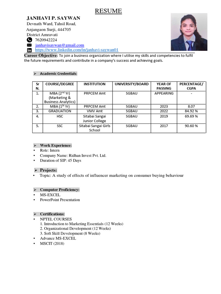 @janhavi Saywan Resume-1 | PDF | Business