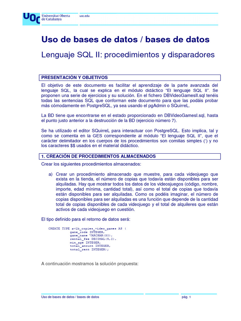 Lenguaje SQL II Procedimientos y Disparadores | PDF | Bases de datos | Ingeniería de software