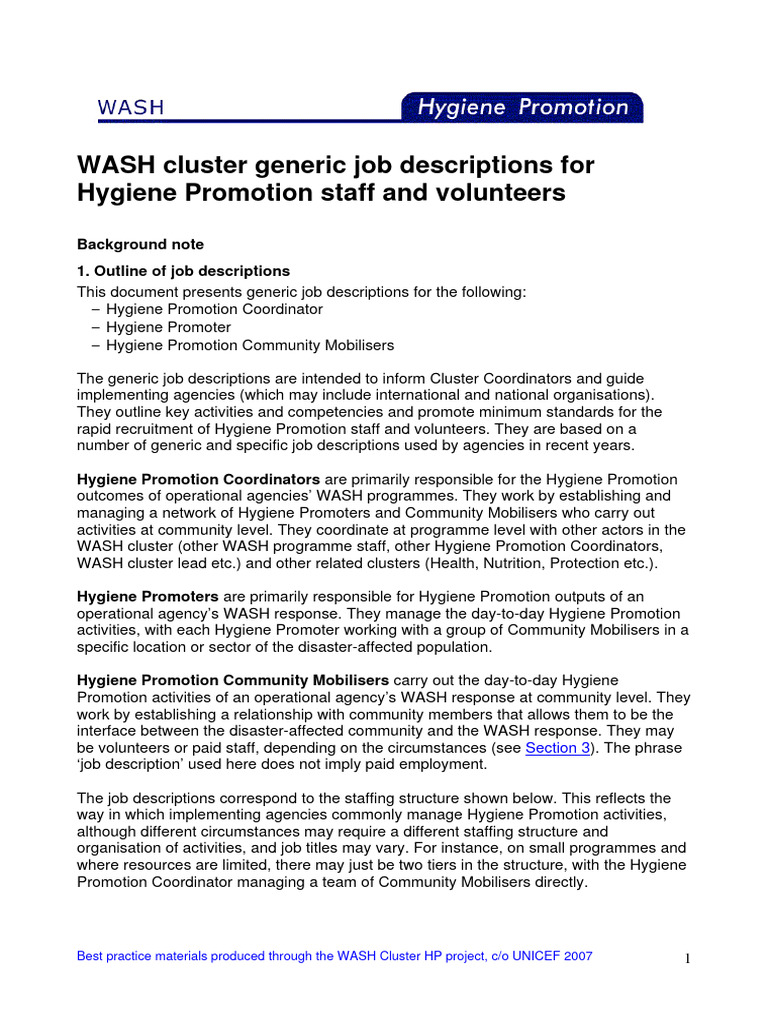 Hygiene Promotion Job Descriptions | PDF | Wash | Hygiene